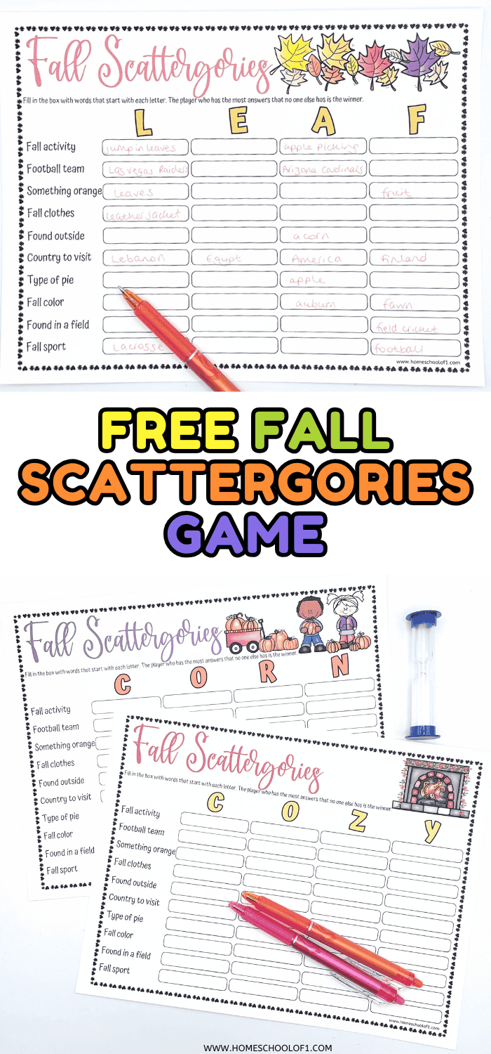 Fall Scattergories Free Printable Boards