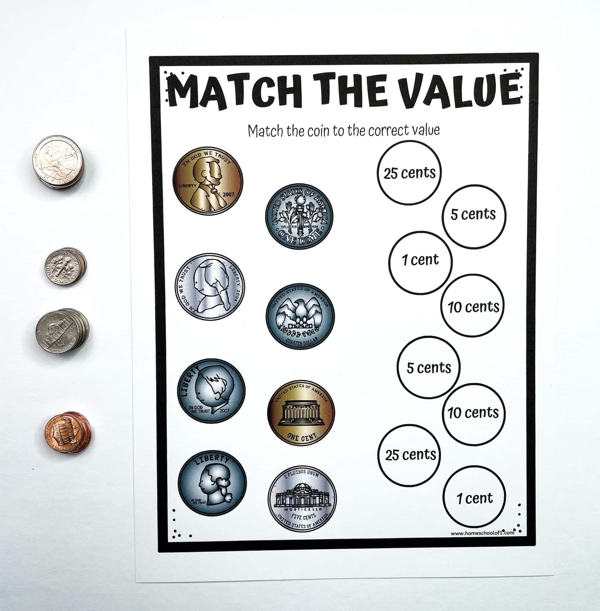 Free Identify Coins Worksheets for Kindergarten