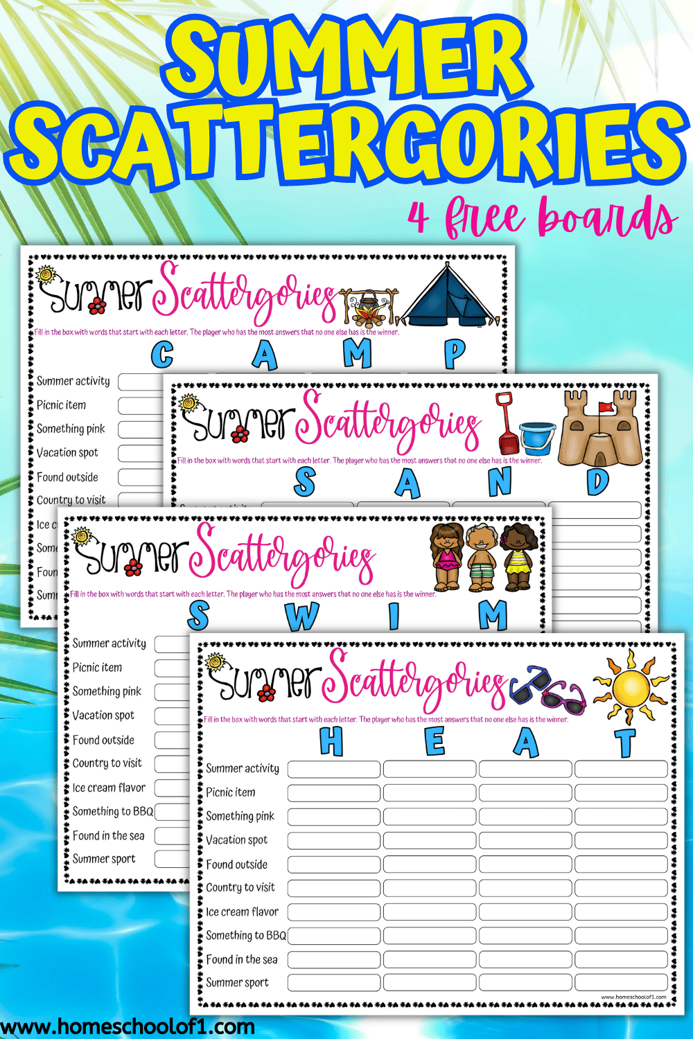 Free Summer Scattergories Printable Game Boards