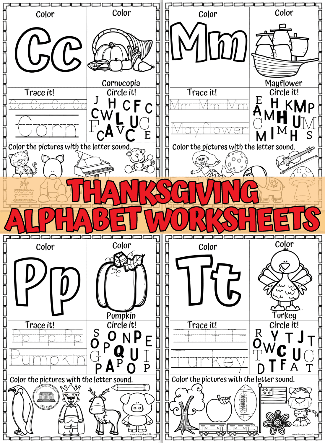 Free Thanksgiving Alphabet Worksheets (Color, Write & Trace)