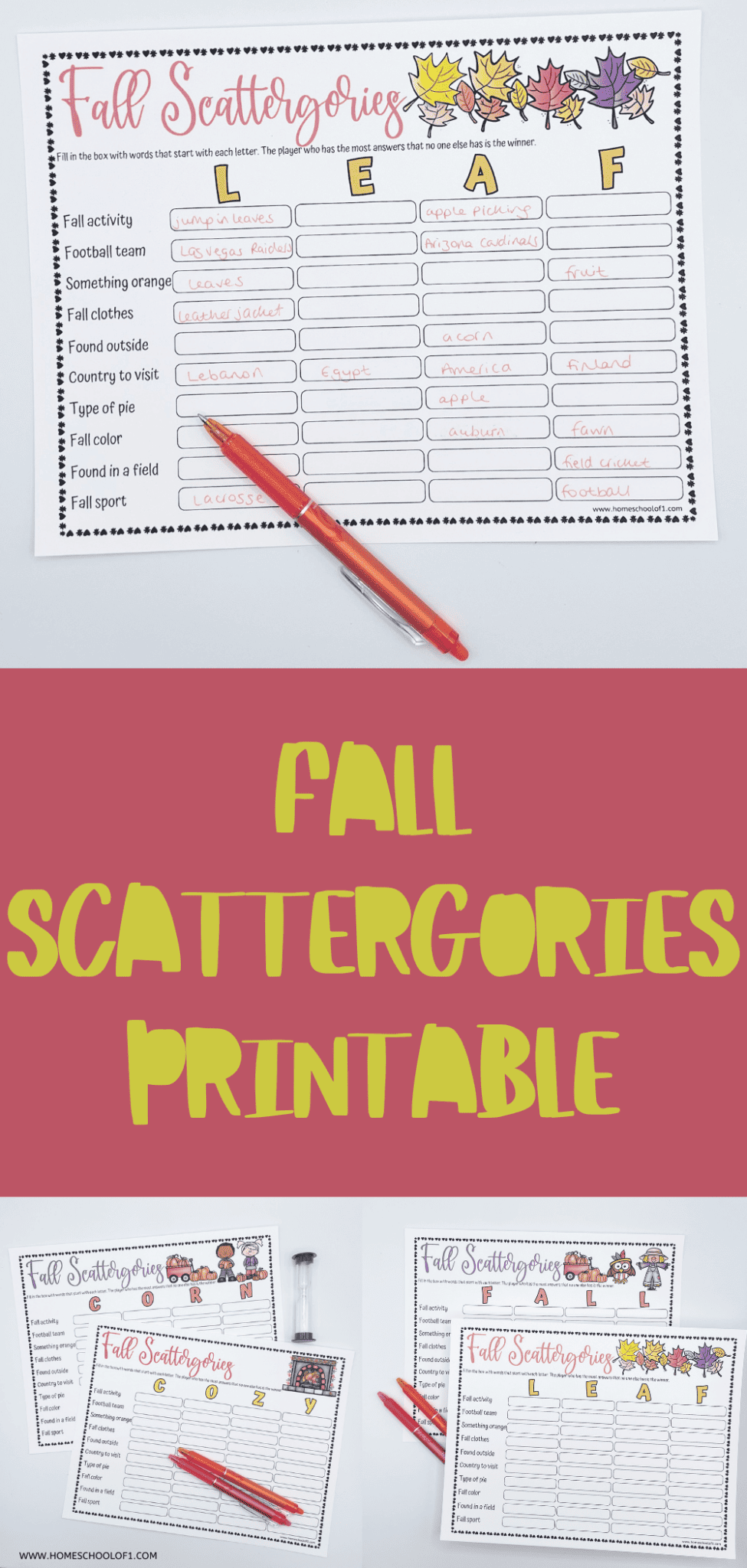 Fall Scattergories Free Printable Boards