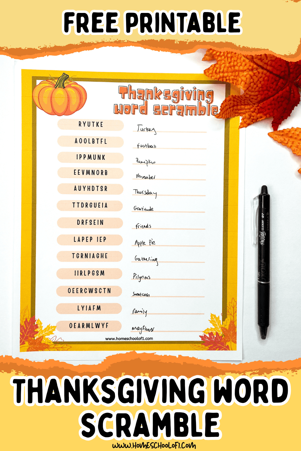Free Thanksgiving Word Scramble Printable (With Answers)