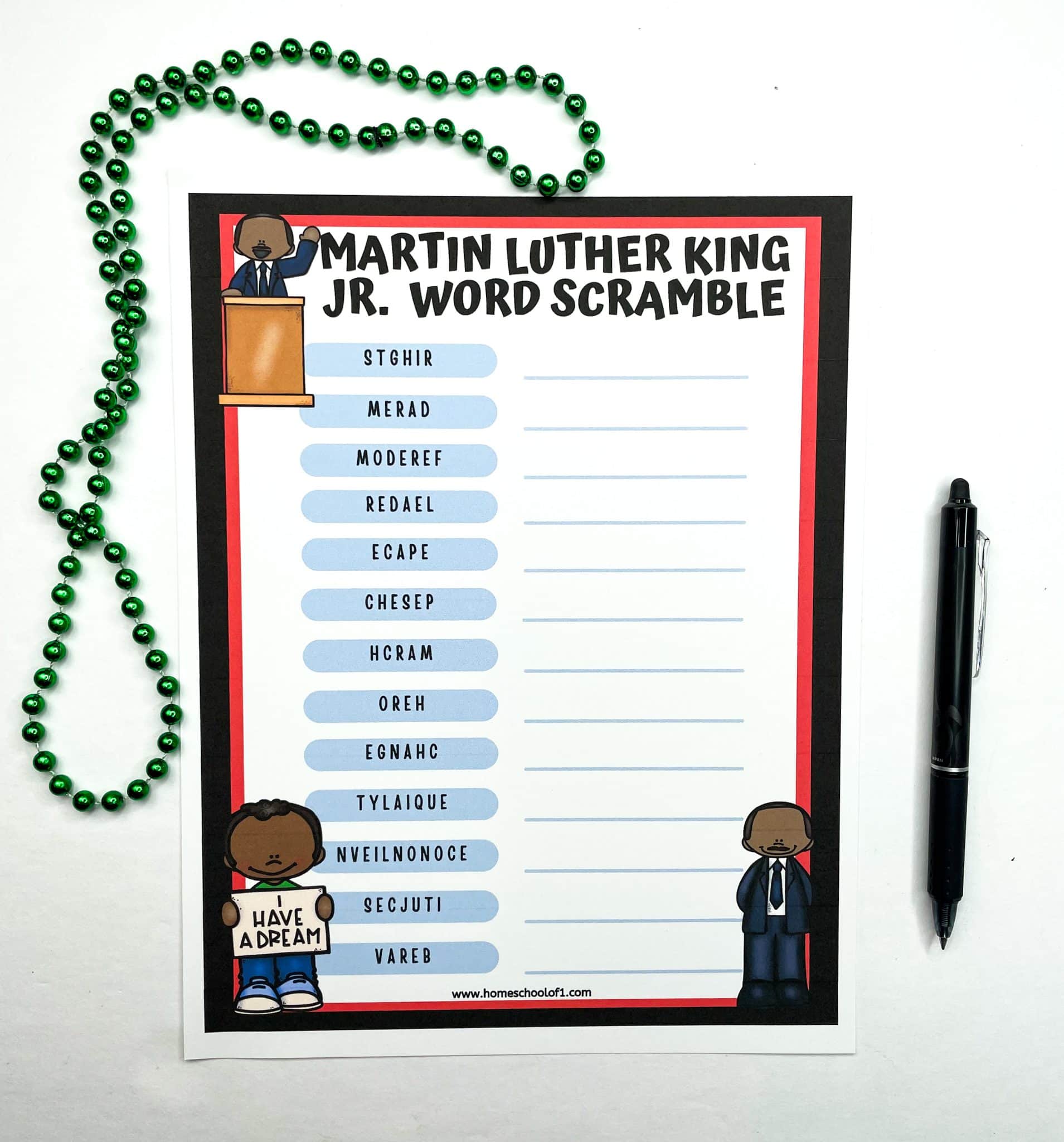 Martin Luther King Jr. Word Scramble Free Printable