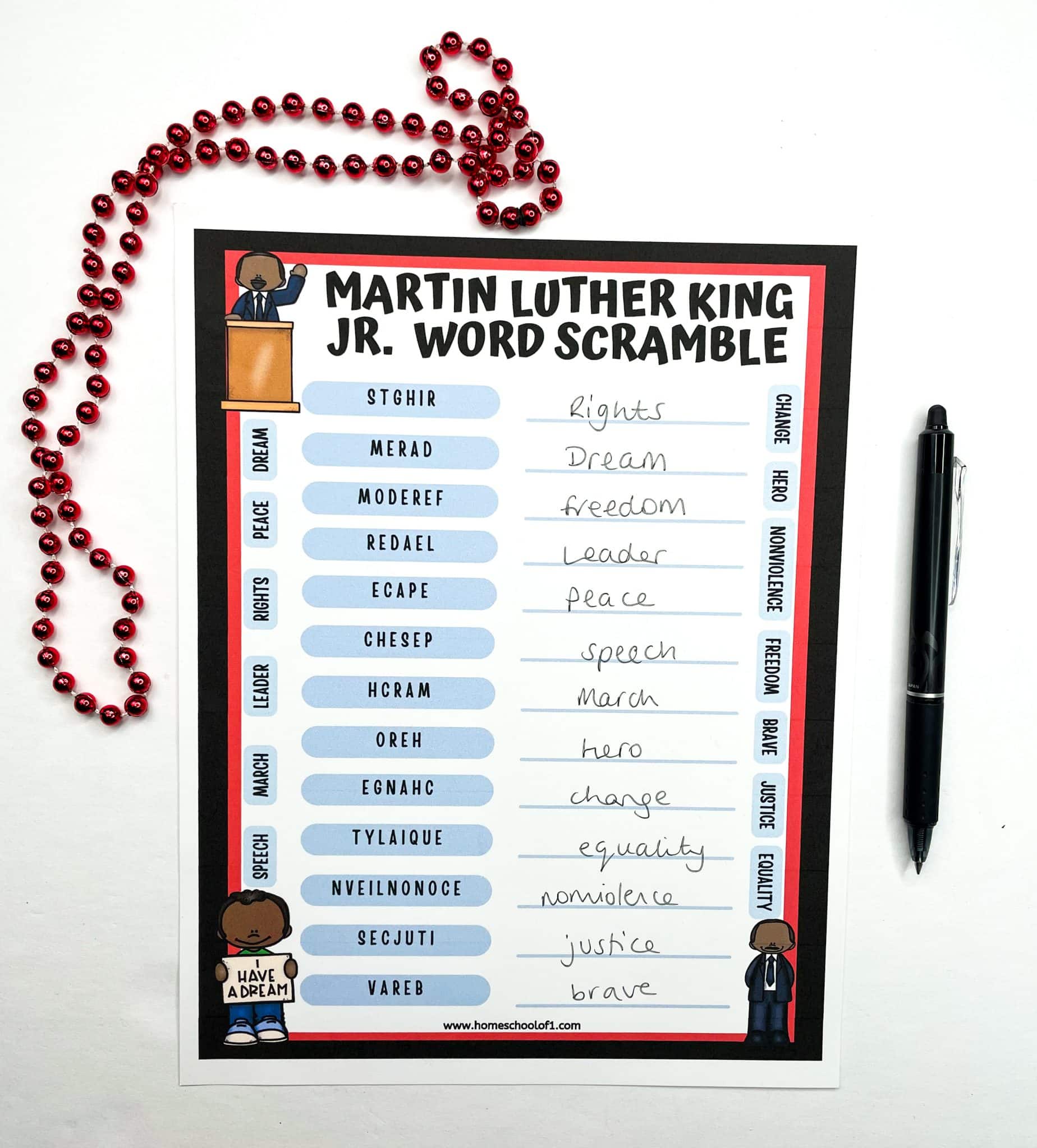 Martin Luther King Jr. Word Scramble Free Printable