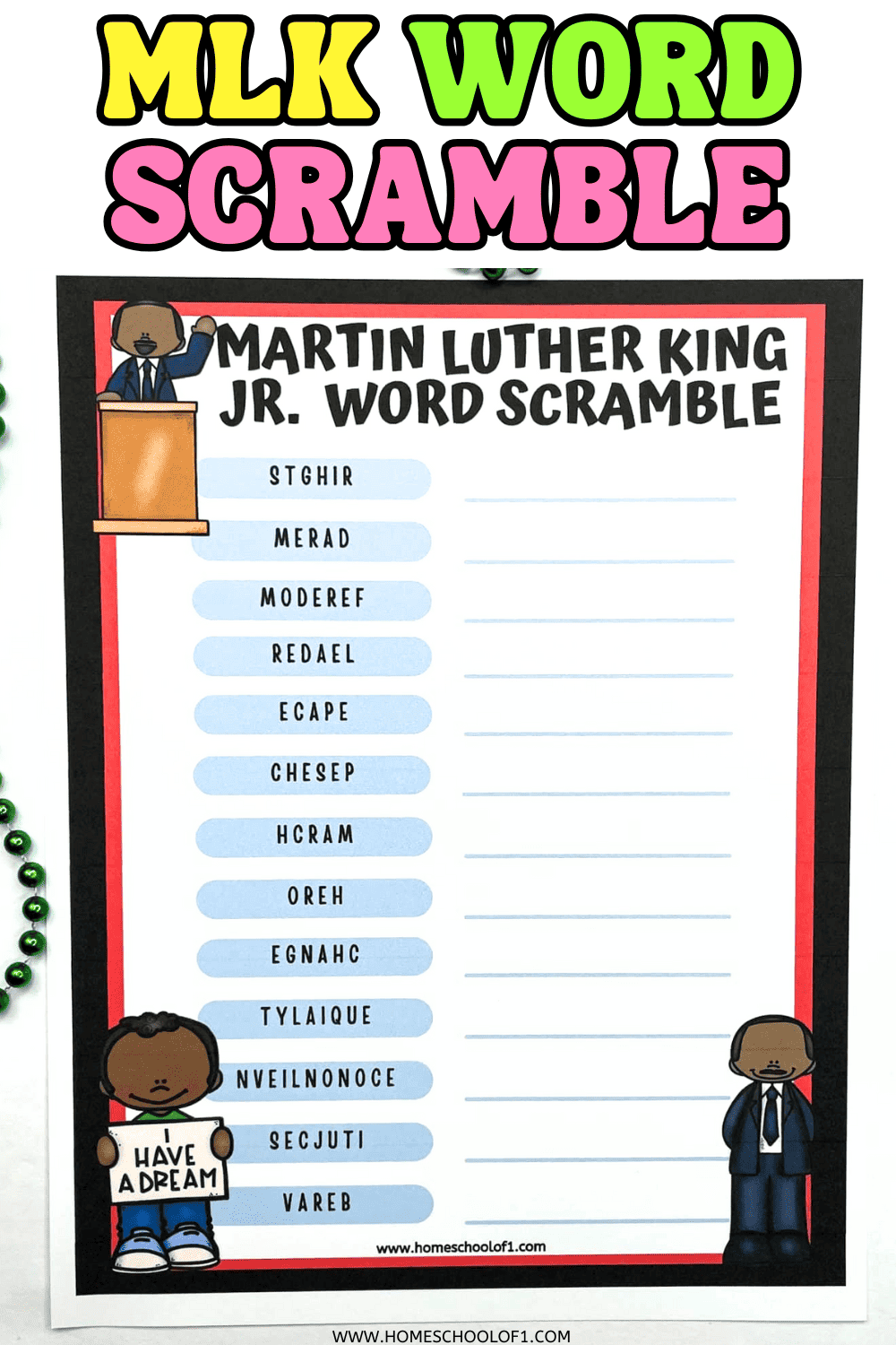 Martin Luther King Jr. Word Scramble Free Printable