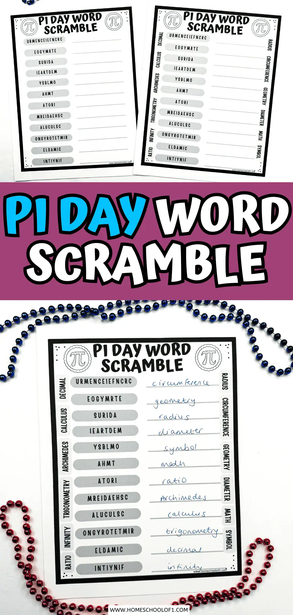 Free Pi Day Word Scramble Printable for Kids