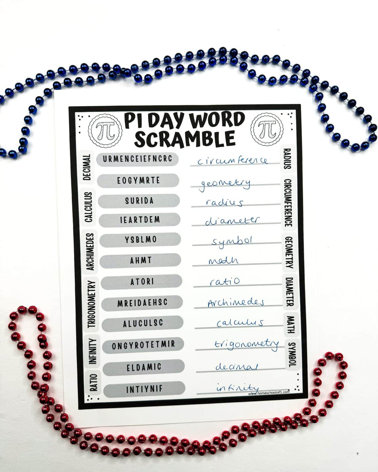 Free Pi Day Word Scramble Printable for Kids