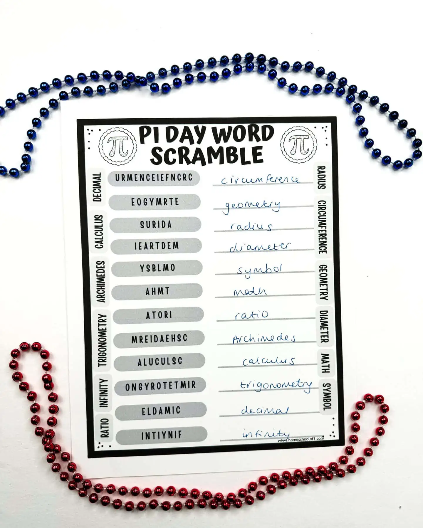 Free Pi Day Word Scramble Printable for Kids