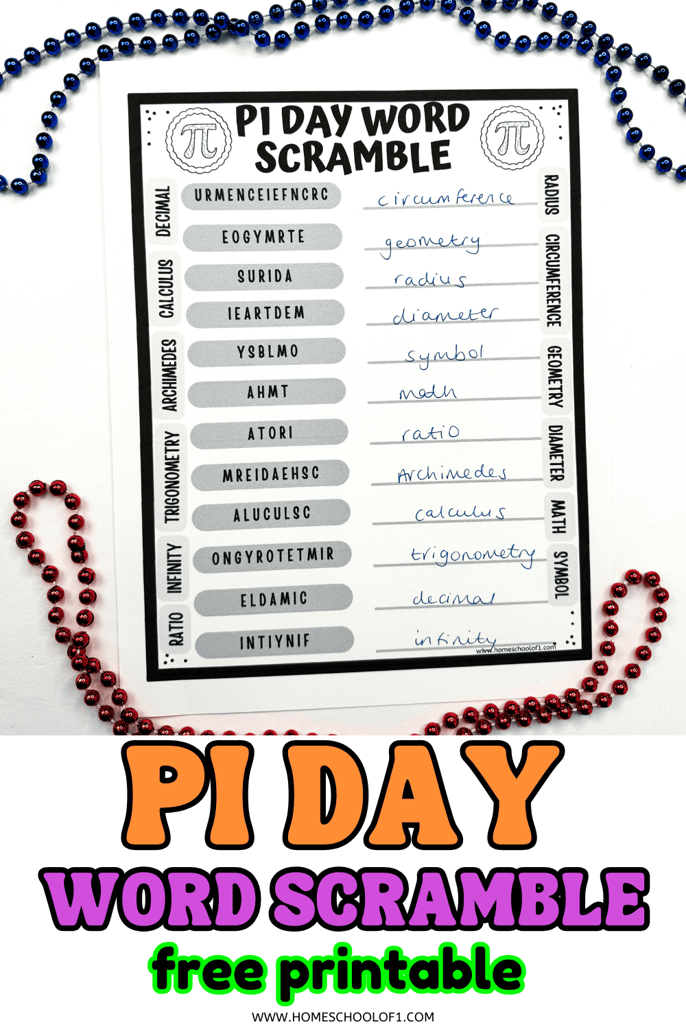 Free Pi Day Word Scramble Printable for Kids