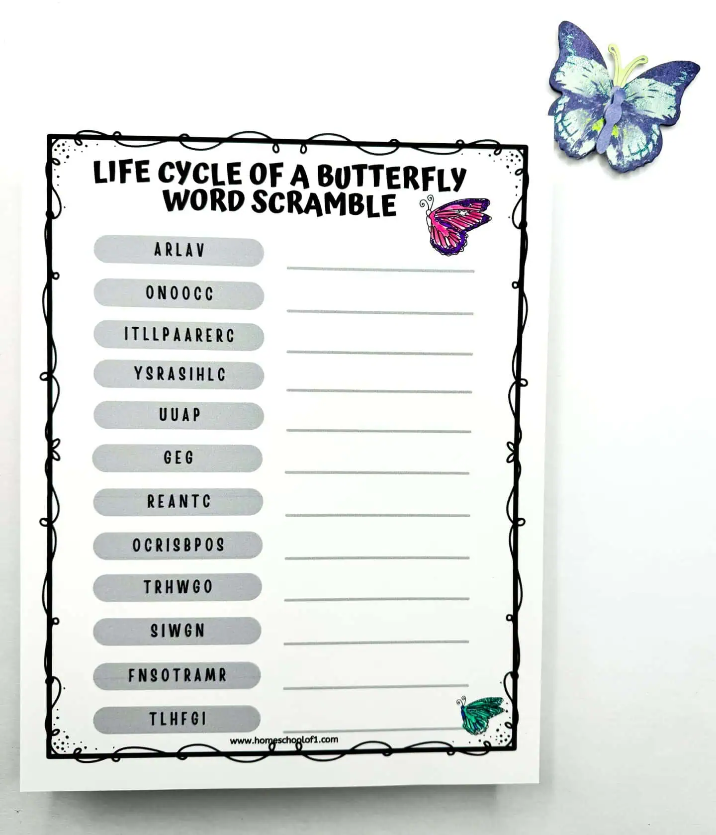 Free Printable Butterfly Word Scramble