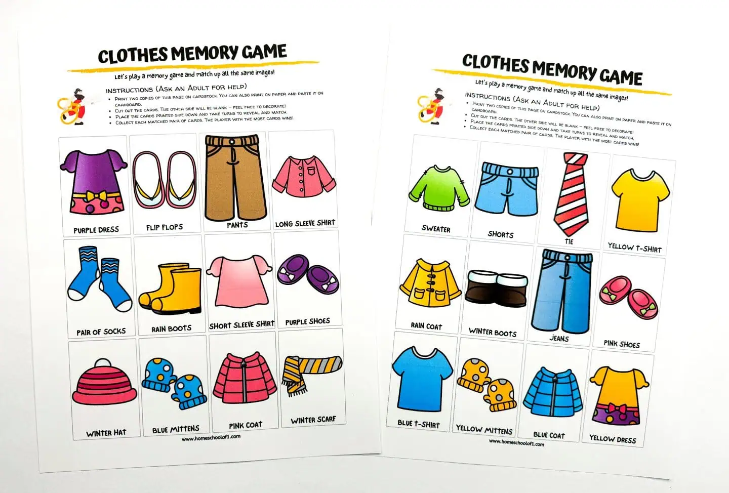 Free Clothes Memory Game Printable