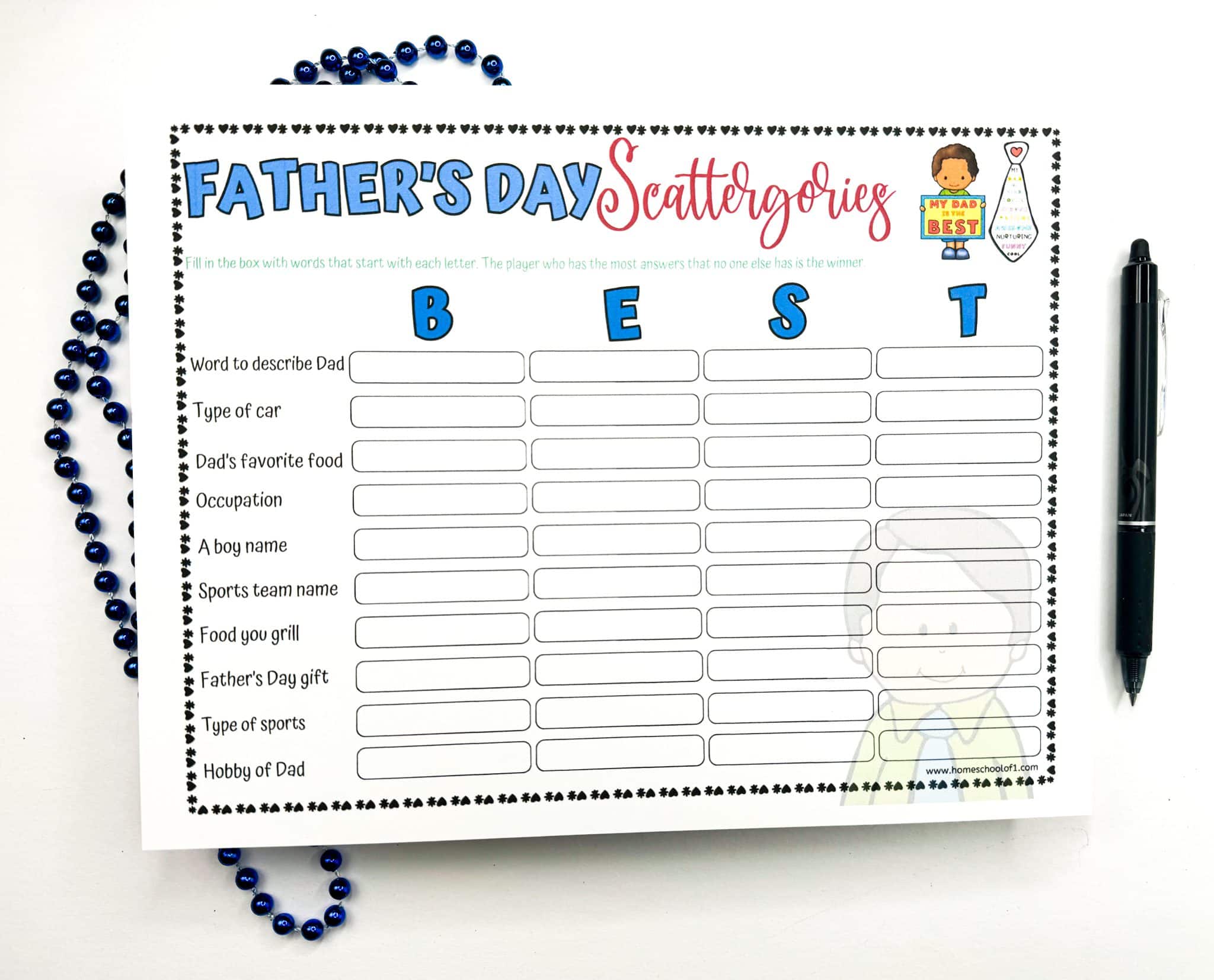Father’s Day Scattergories Printable Game for Families