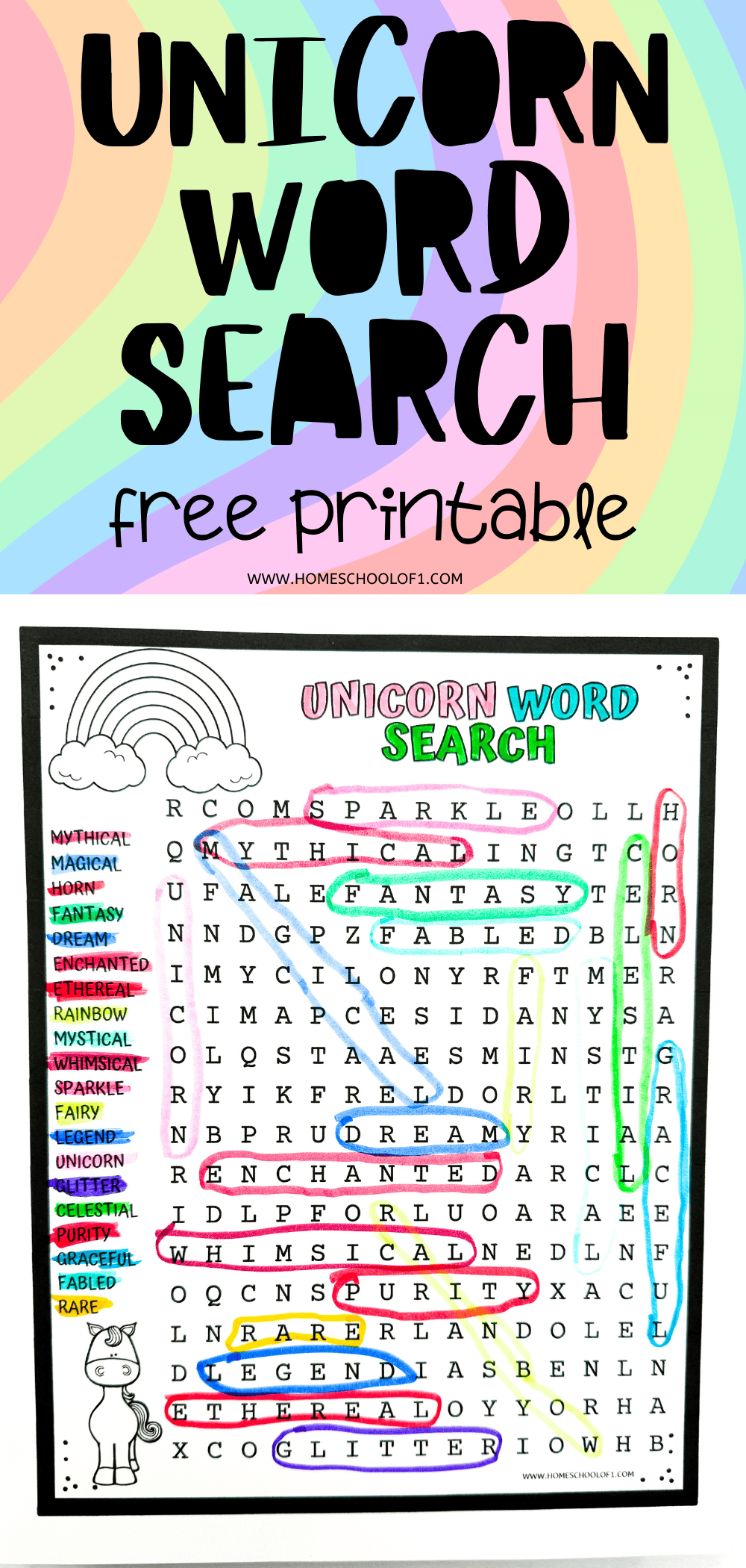 Free Unicorn Word Search Printable for Kids