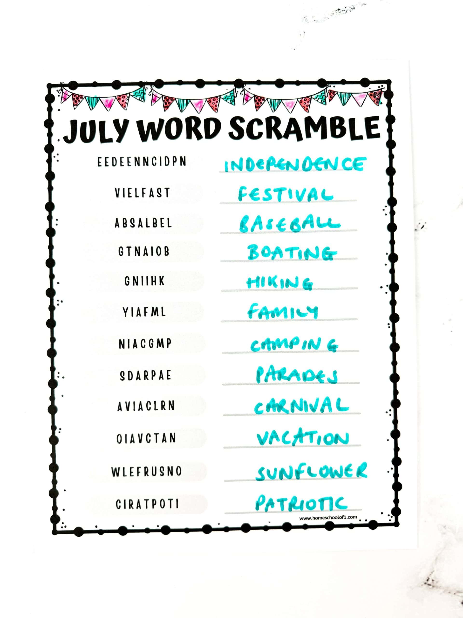 Free July Word Scramble Printable for Kids