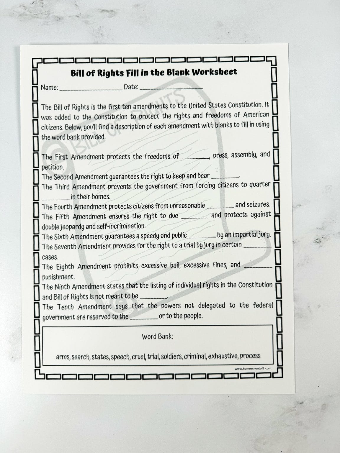 Free Bill of Rights Worksheet (Fill in the Blank)