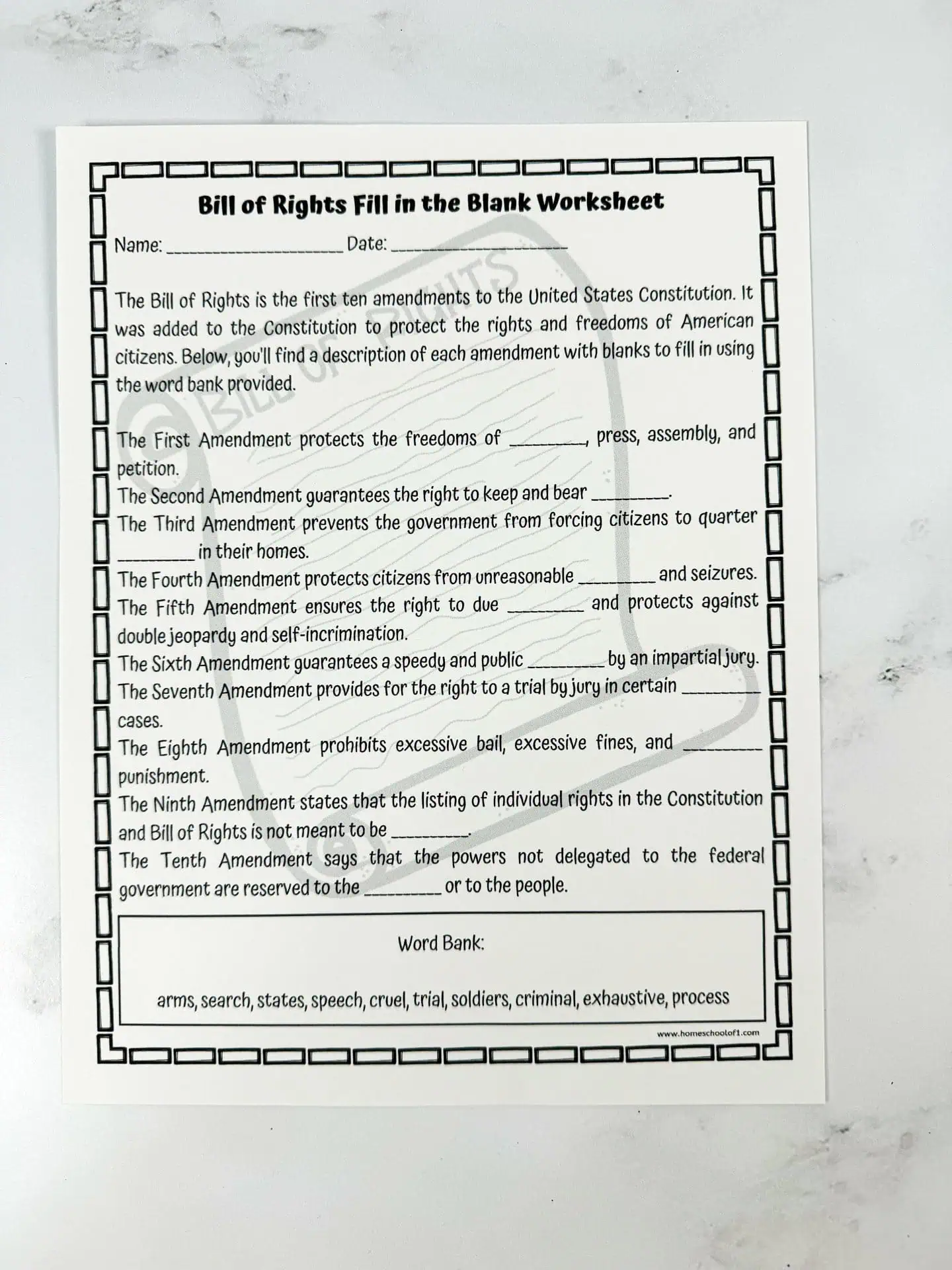 Free Bill of Rights Worksheet (Fill in the Blank)