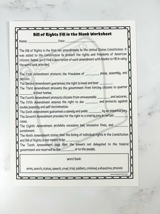 Free Bill of Rights Worksheet (Fill in the Blank)