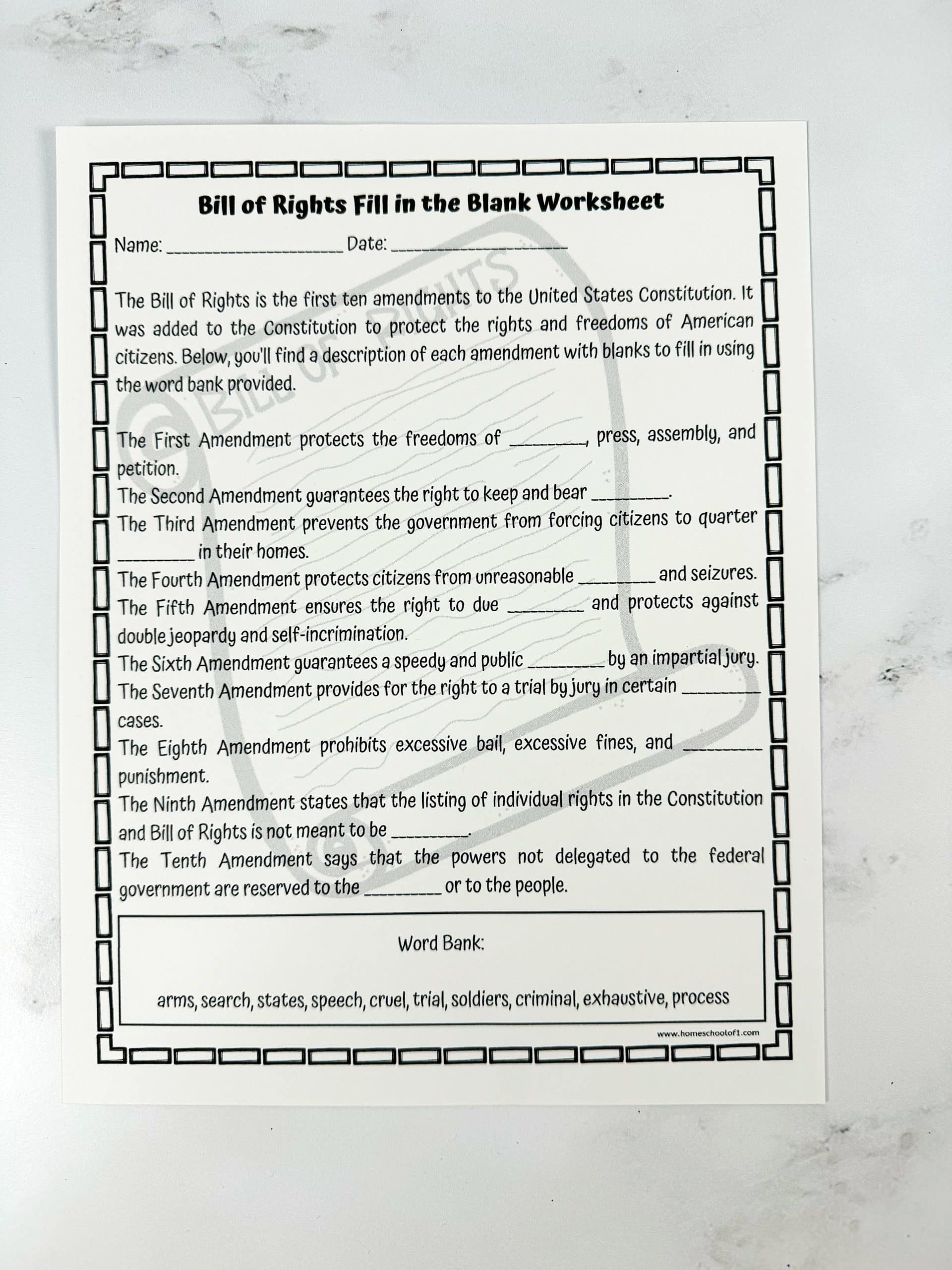 Free Bill of Rights Worksheet (Fill in the Blank)