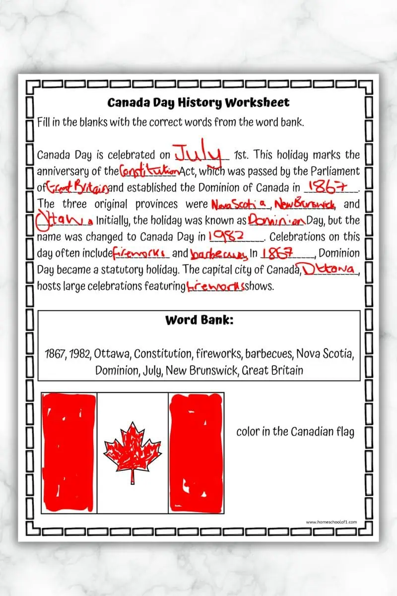 Free Canada Day Worksheet | Fill in the Blank