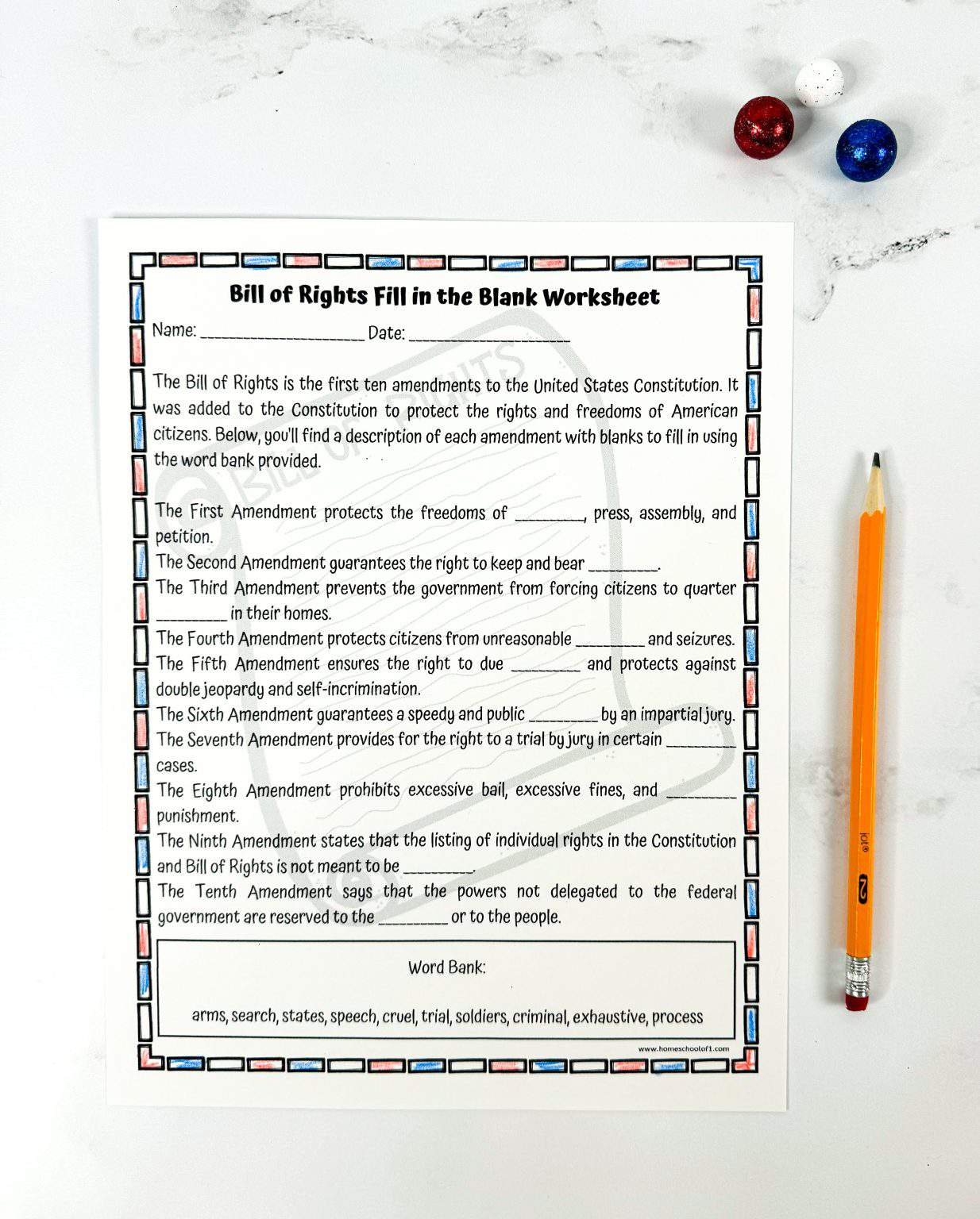 Free Bill of Rights Worksheet (Fill in the Blank)