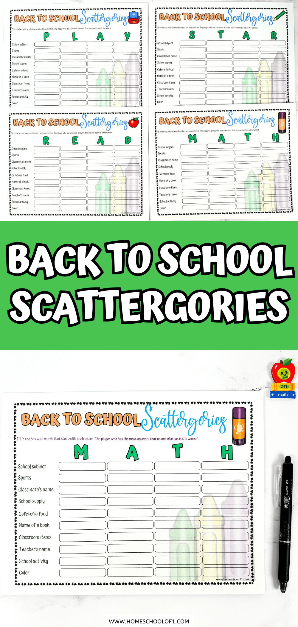 Back to School Scattergories – 4 Free Printable Game Boards