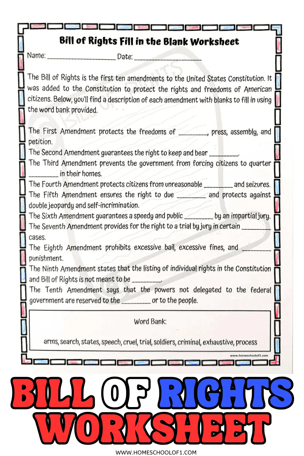 Free Bill of Rights Worksheet (Fill in the Blank)