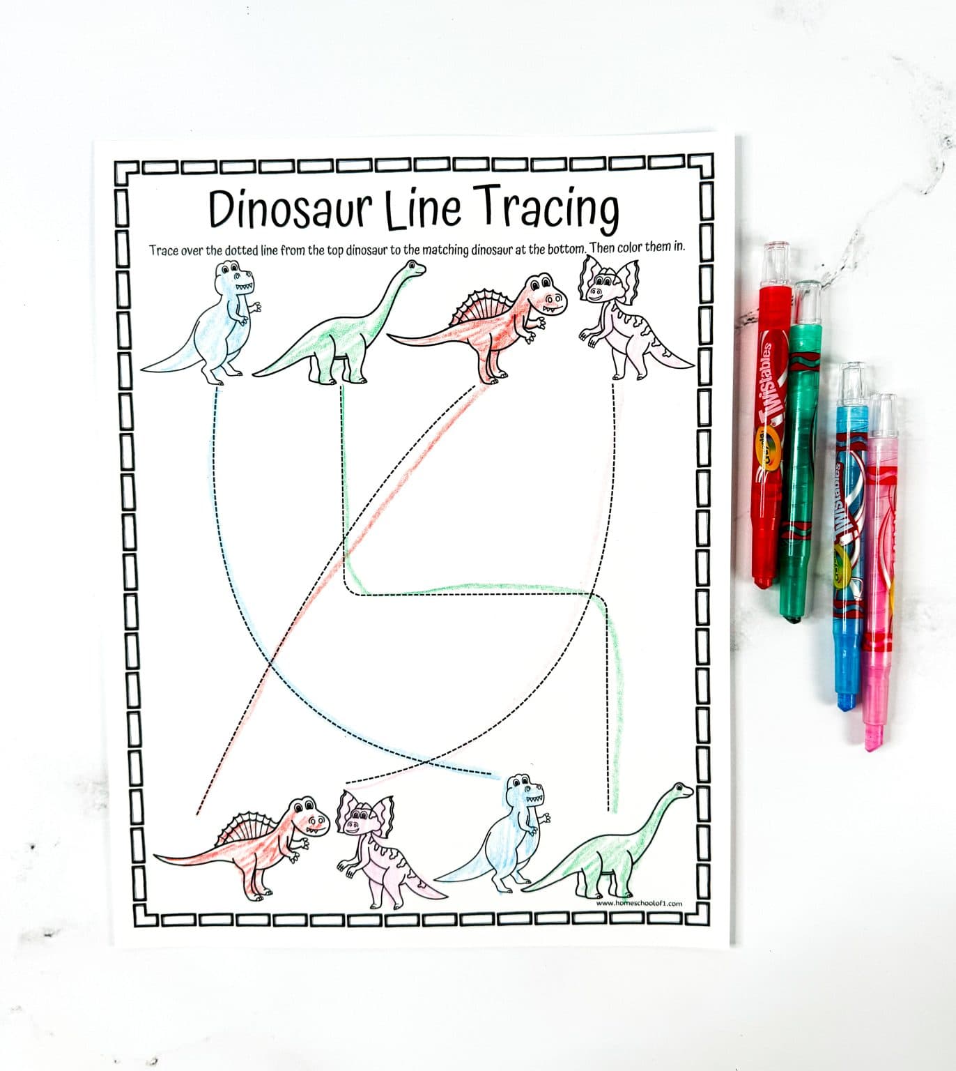 Dinosaur Tracing Worksheet for Preschoolers (Free Printable)