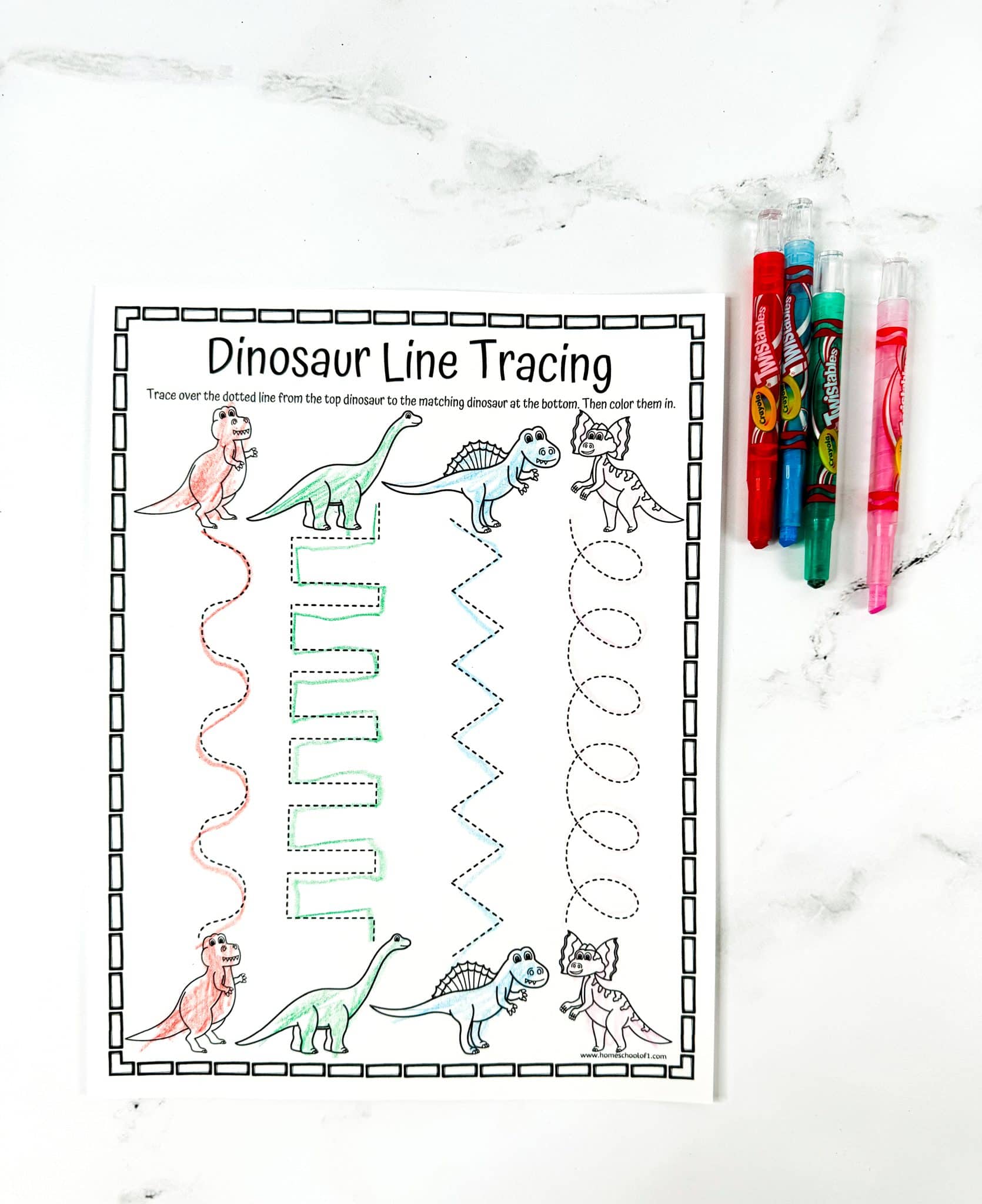 Dinosaur Tracing Worksheet for Preschoolers (Free Printable)