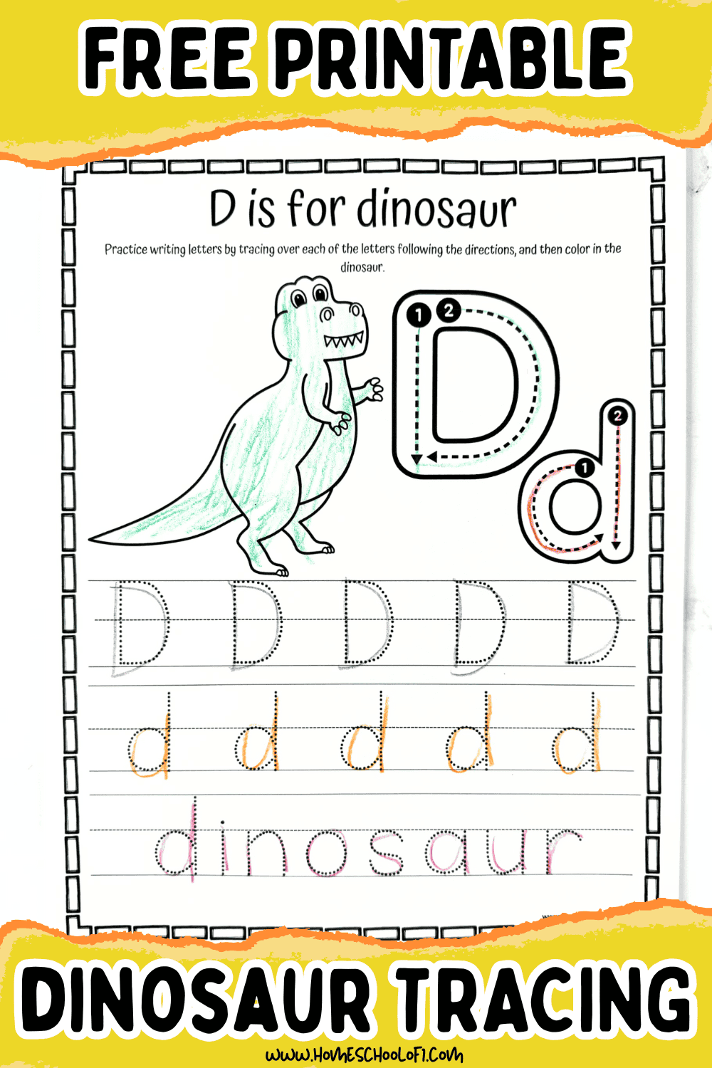 Dinosaur Tracing Worksheet for Preschoolers (Free Printable)