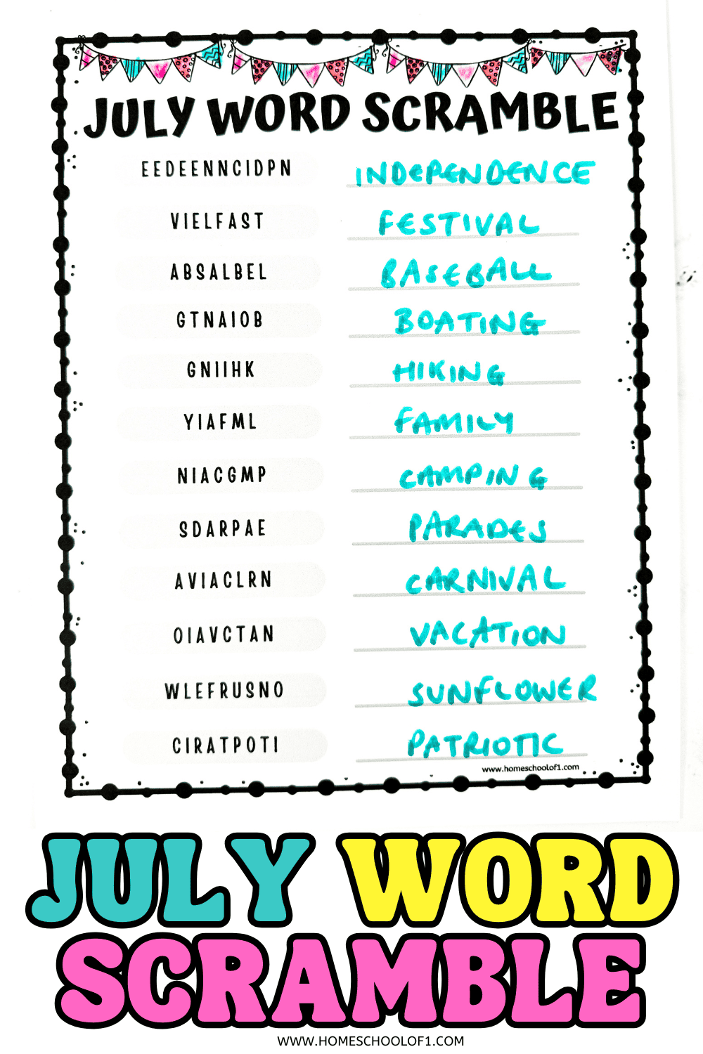Free July Word Scramble Printable for Kids