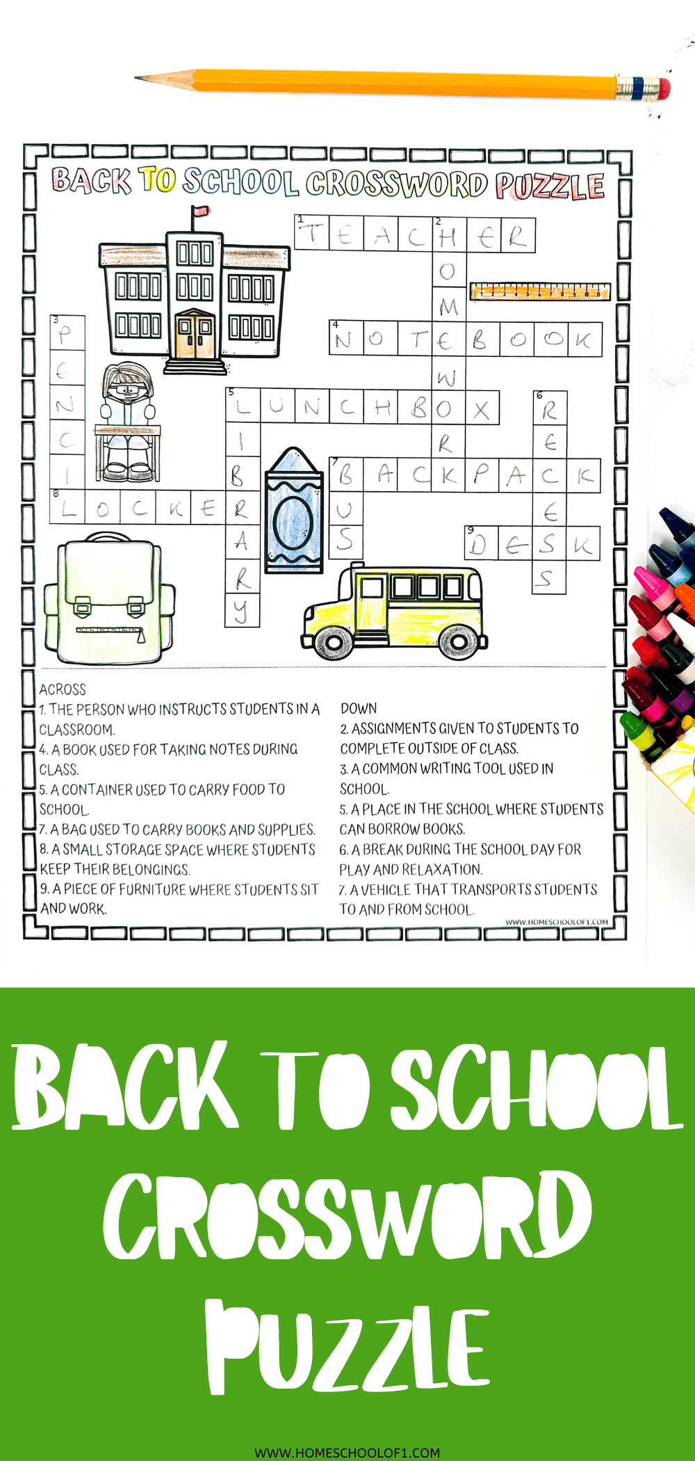 Free Back to School Crossword Puzzle Printable