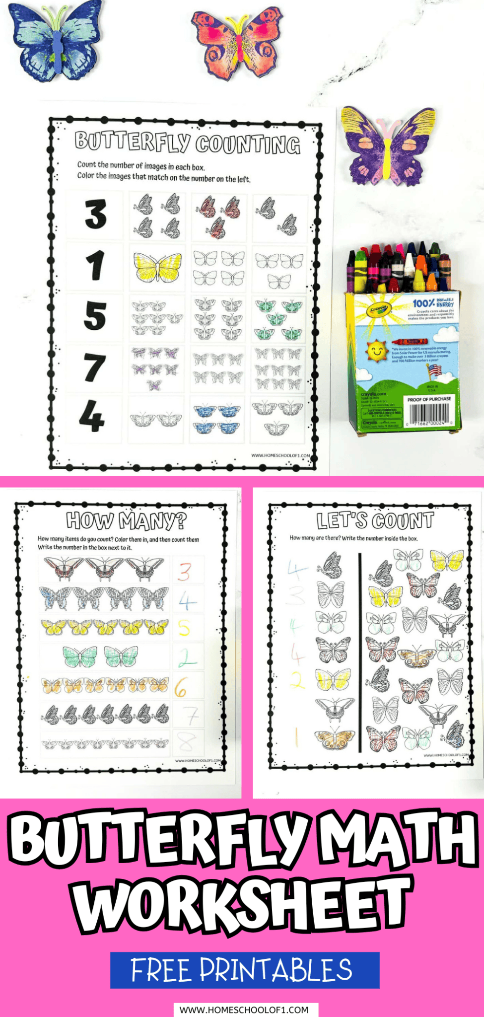 Free Butterfly Math Worksheet for Preschool Counting Fun