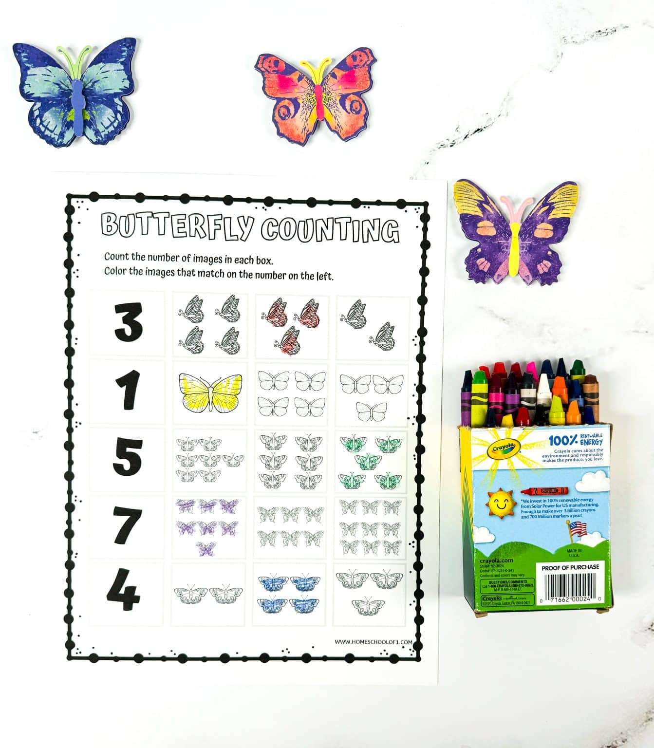 Free Butterfly Math Worksheet for Preschool Counting Fun