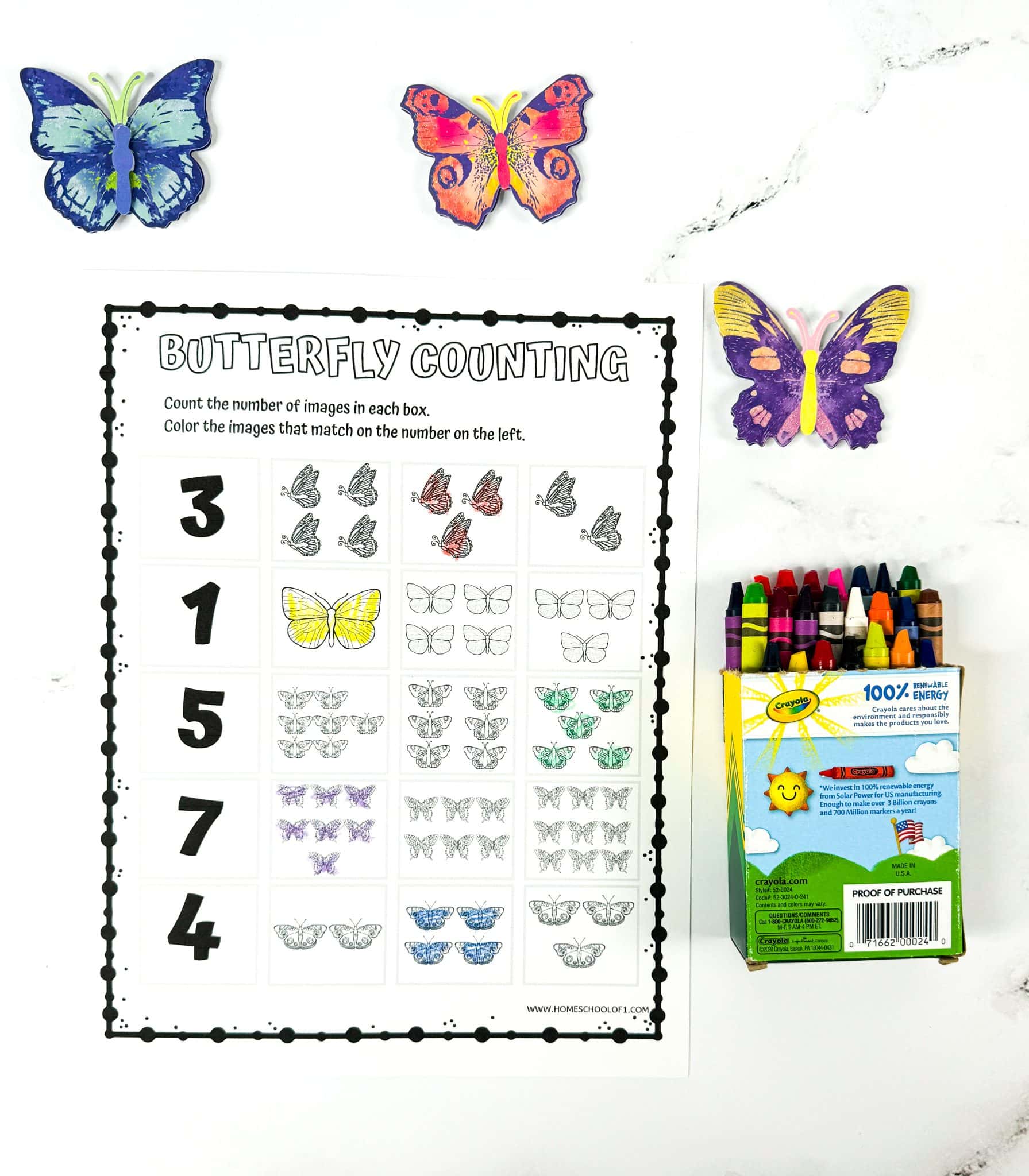 Free Butterfly Math Worksheet for Preschool Counting Fun