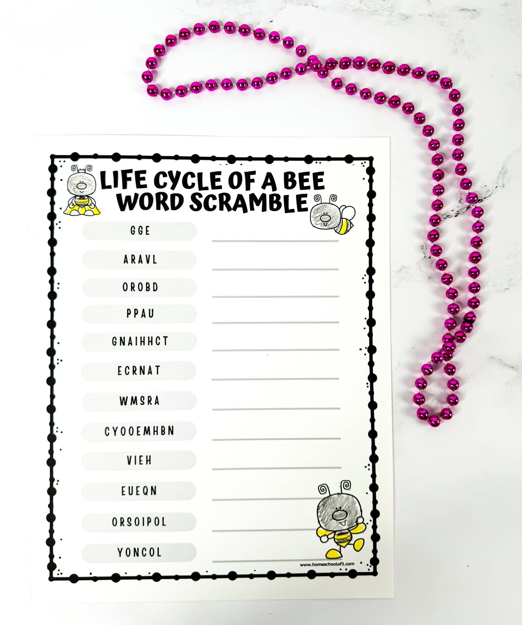 Free Life Cycle of a Bee Word Scramble Printable