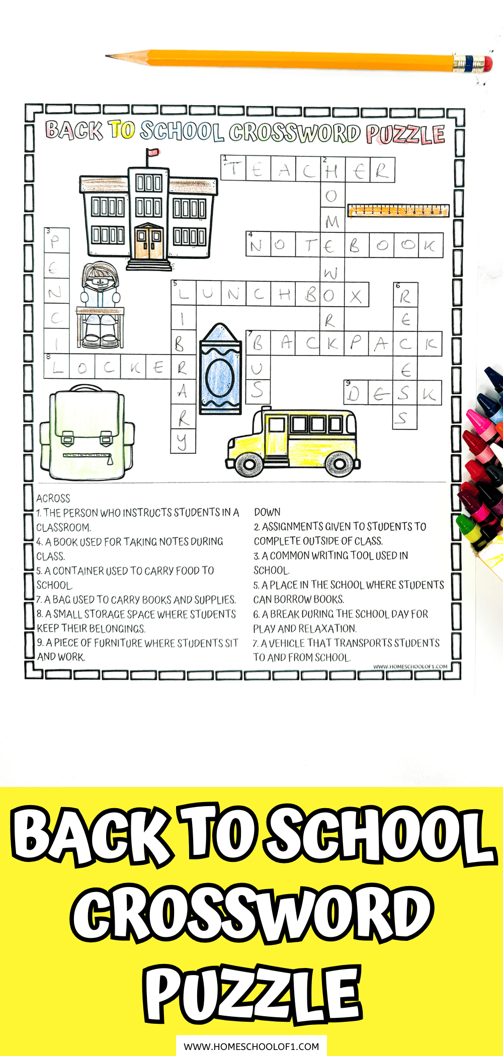 Free Back to School Crossword Puzzle Printable
