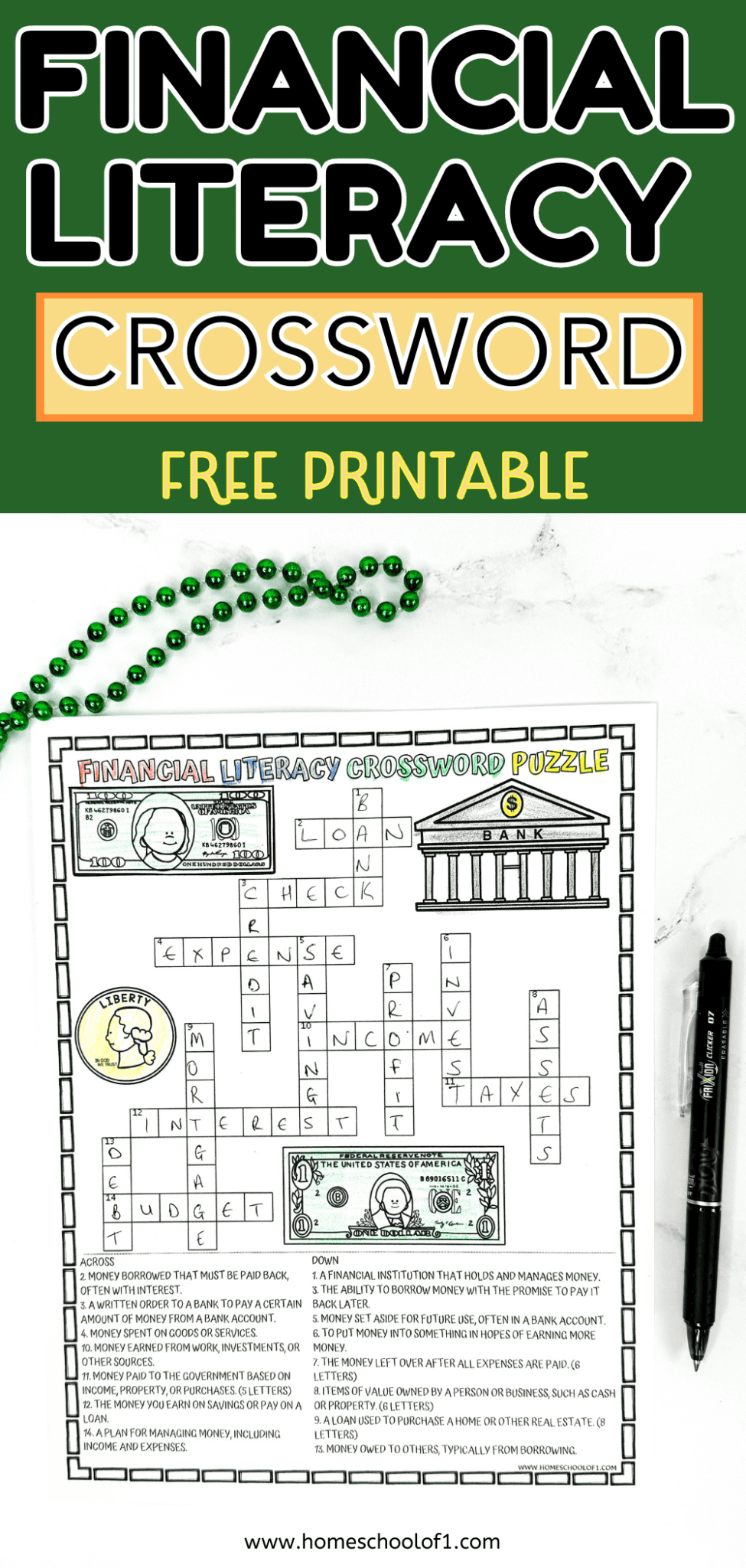 Financial Literacy Crossword Puzzle (Free Printable Game)