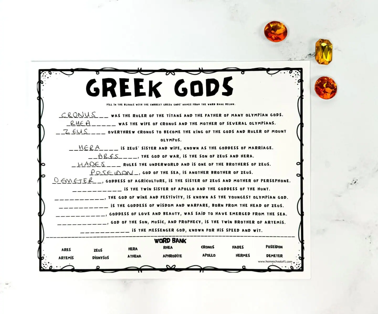 Free Printable Greek Gods Family Tree Worksheet