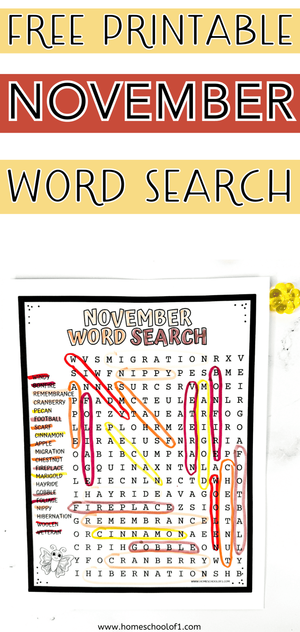 November Word Search Printable (Free Worksheet)