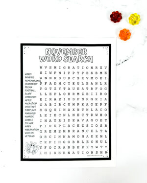 November Word Search Printable (Free Worksheet)