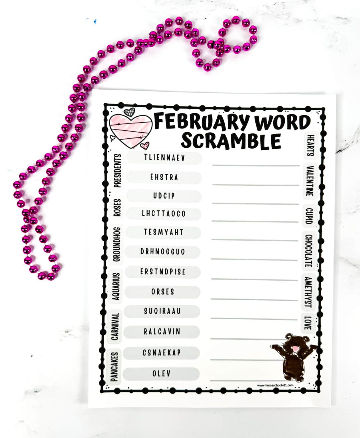 Free February Word Scramble Printable