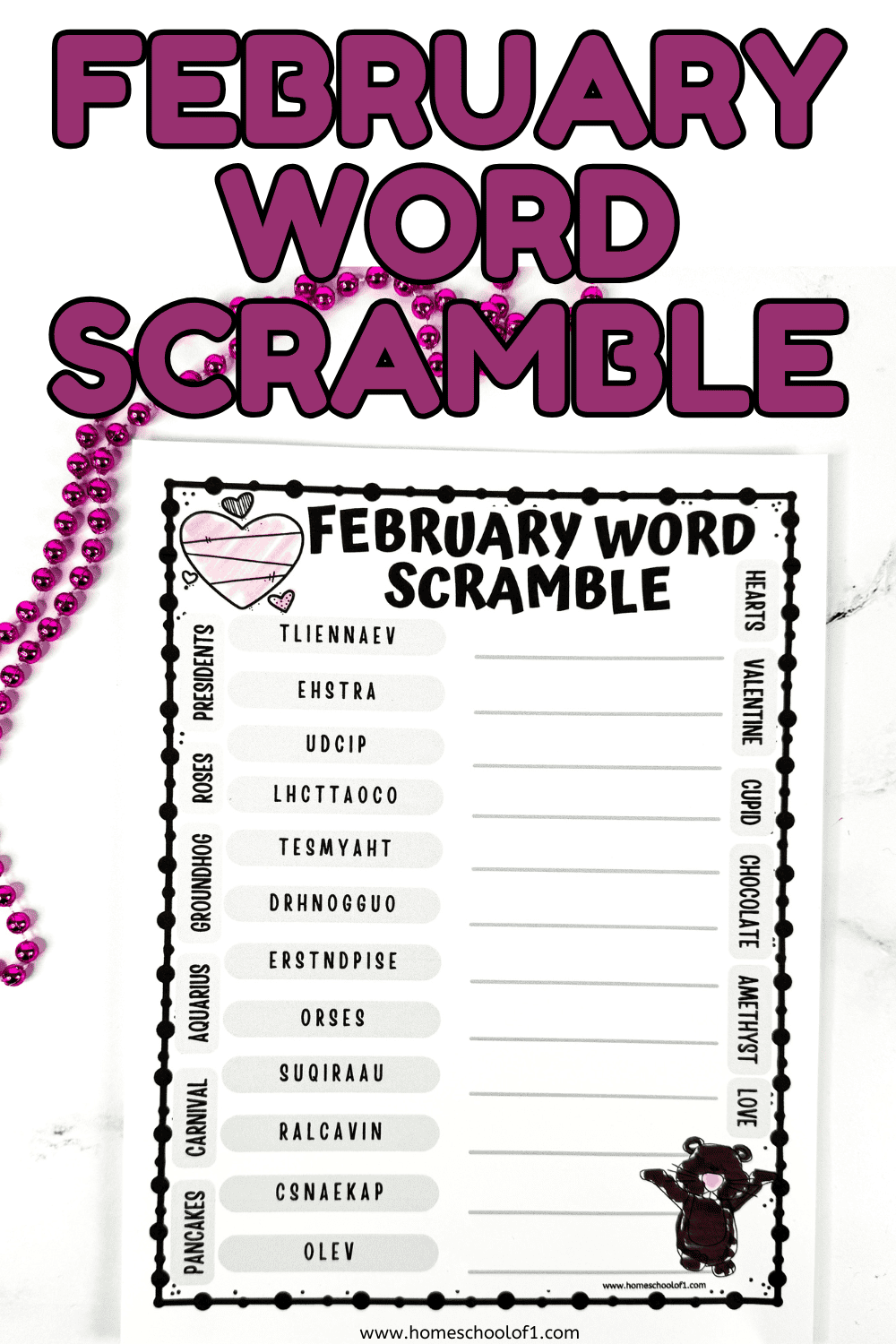 Free February Word Scramble Printable