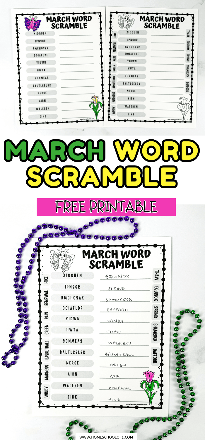 Free March Word Scramble Printable for Kids