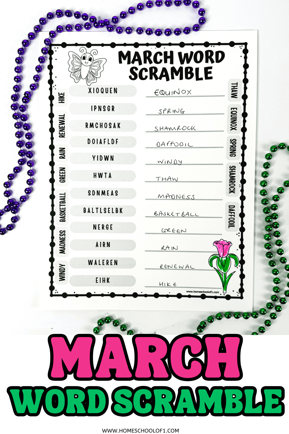 Free March Word Scramble Printable for Kids