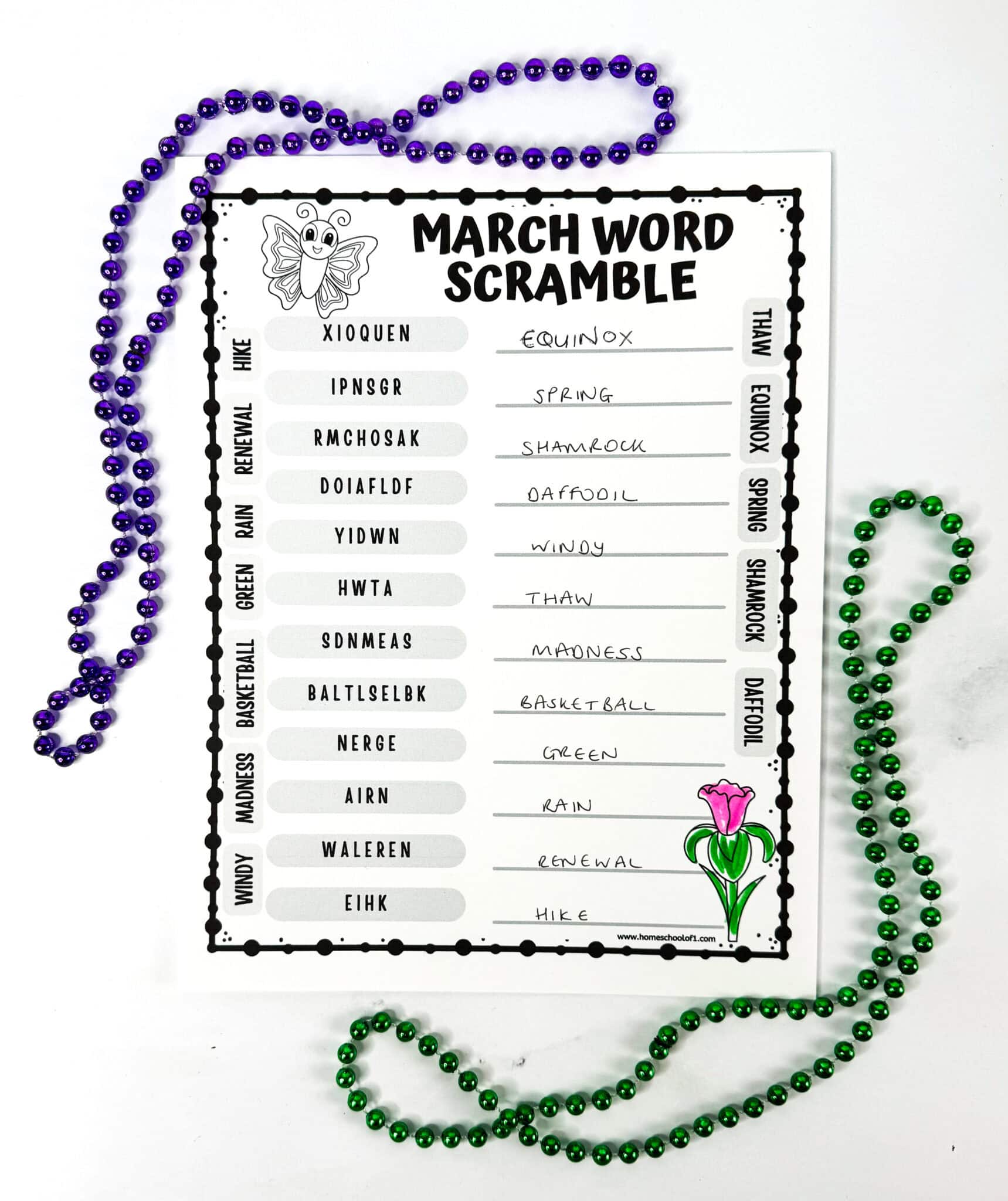 Free March Word Scramble Printable for Kids