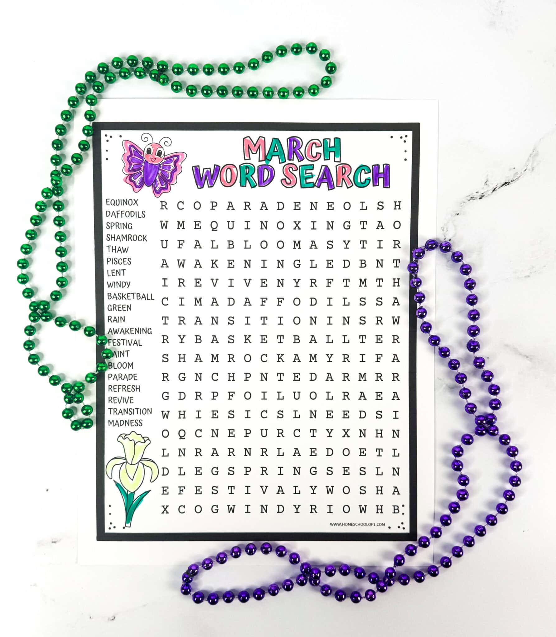 March Word Search Printable (20 Seasonal Words + Answer Key)