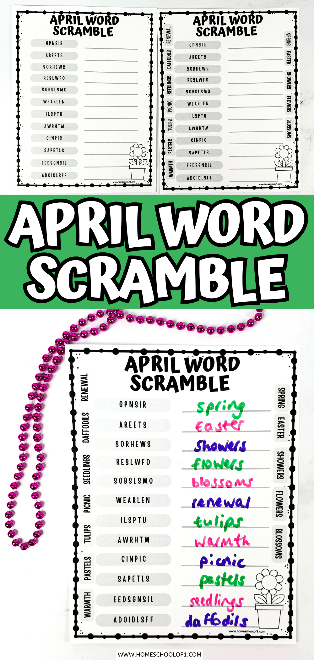 Free April Word Scramble Printable for Kids