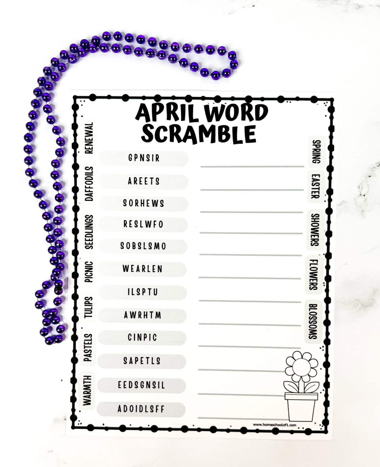 Free April Word Scramble Printable for Kids