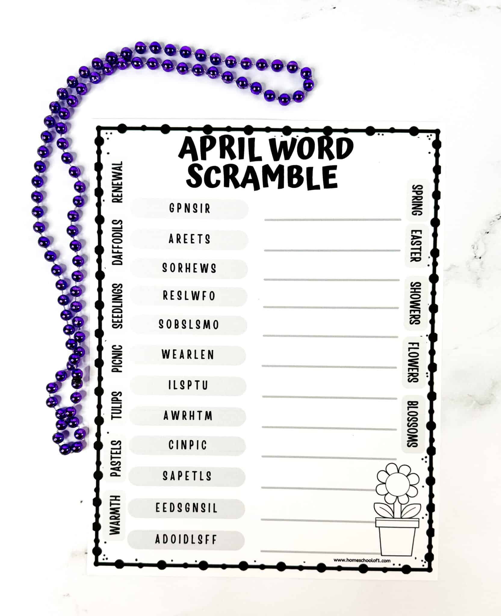 Free April Word Scramble Printable for Kids