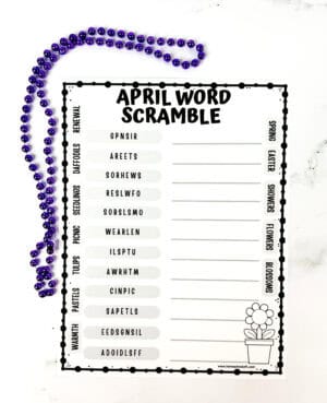 Free April Word Scramble Printable for Kids